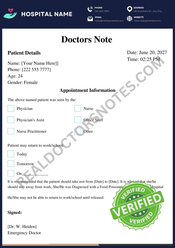 Doctors Note for food Poisoning Template Sample