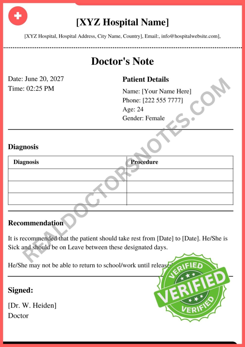 Doctors Note Stomach virus Template Printable PDF