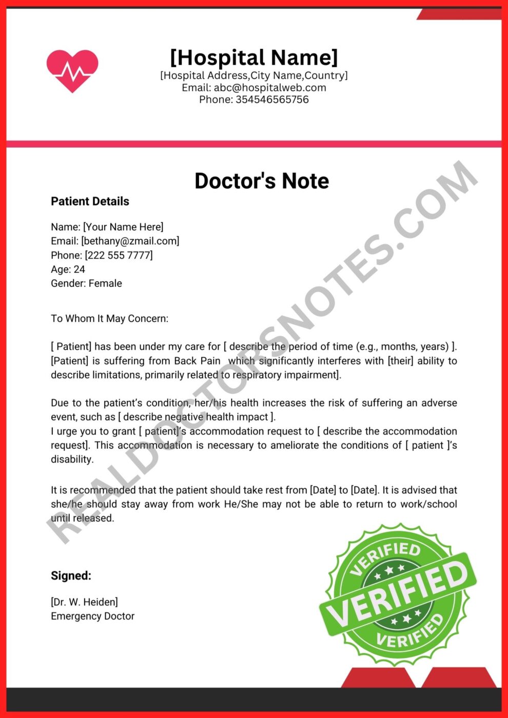 Doctors Note for back Pain Template Sample