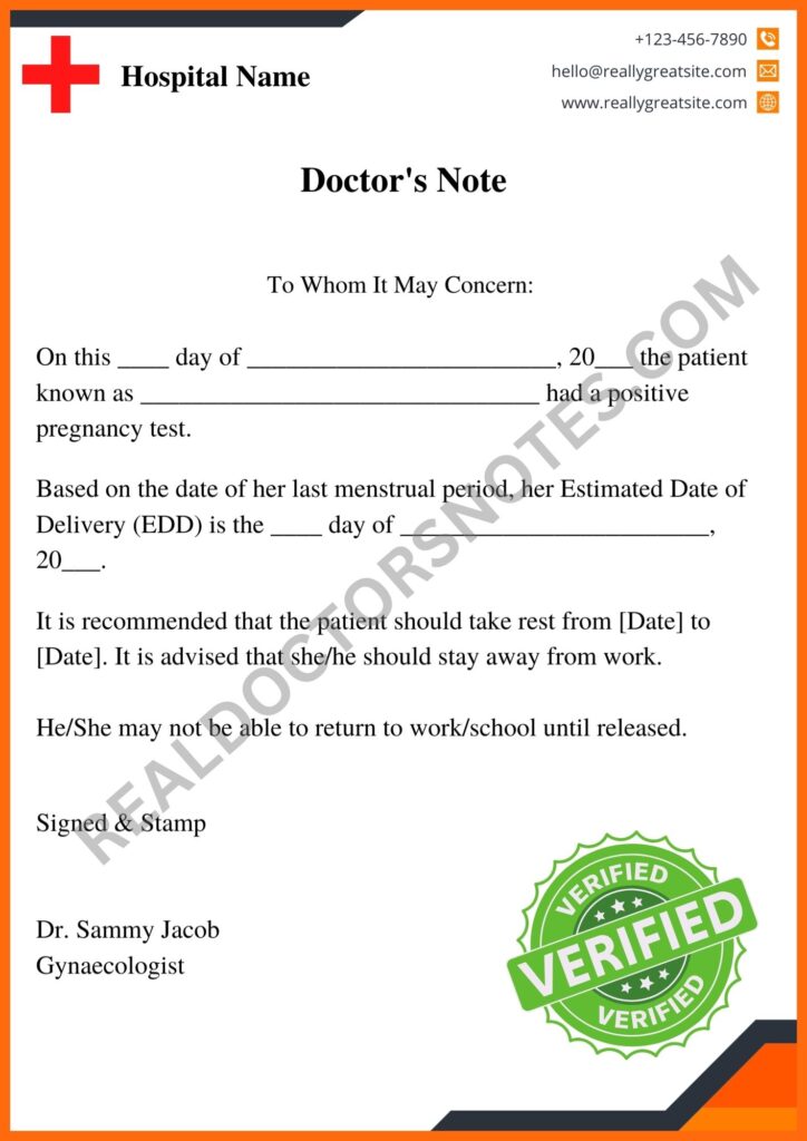 Pregnancy Doctors Note Template Sample Printable