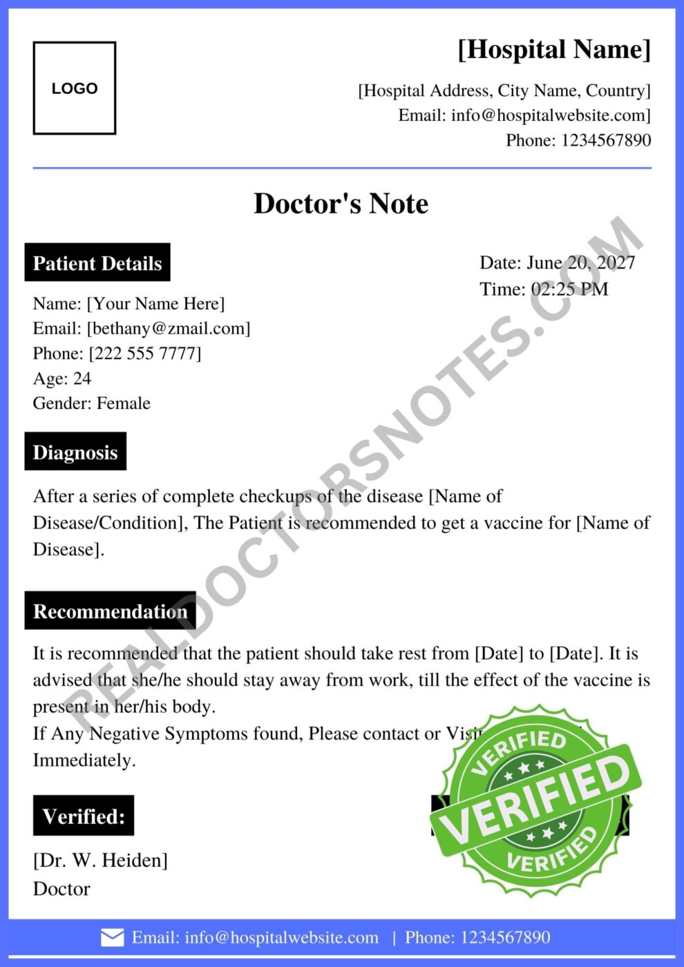 Doctors Note for UTI Printable Template [Signed]