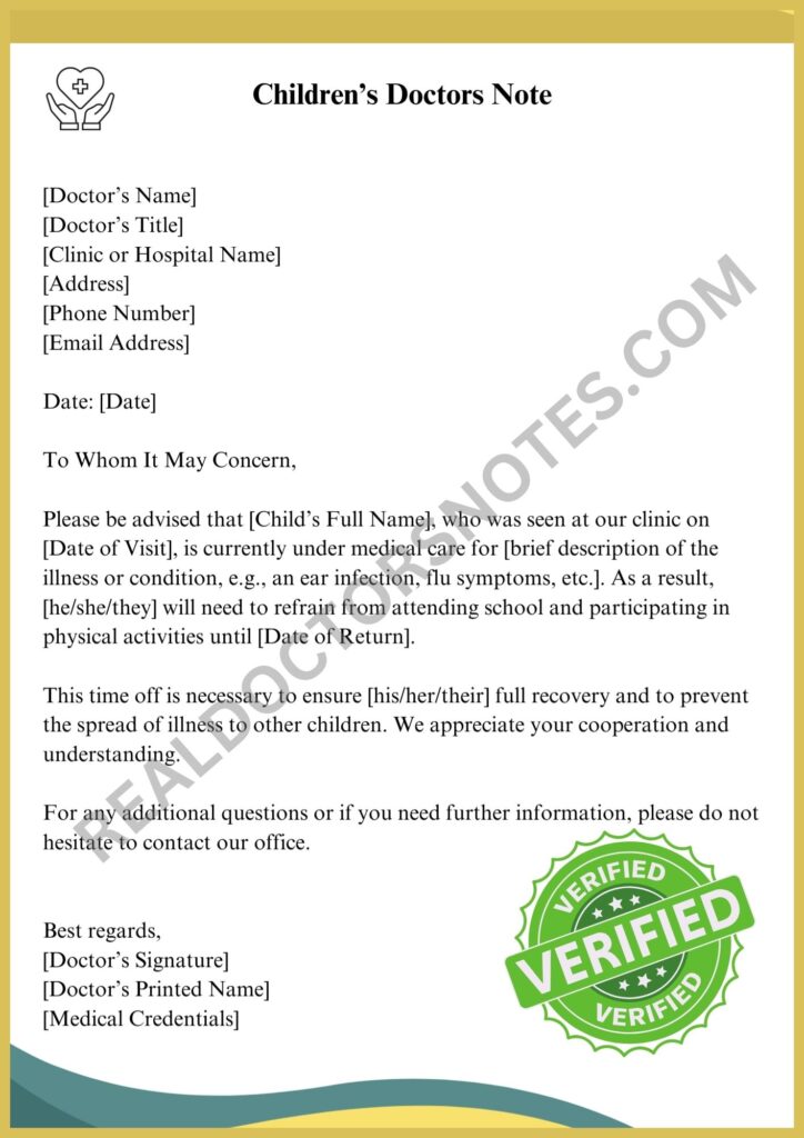 Childrens Doctors Note Template PDF Printable
