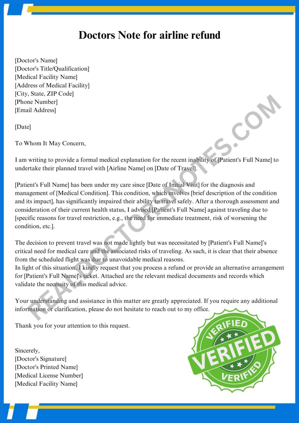 Doctors Note for Airline Refund Template