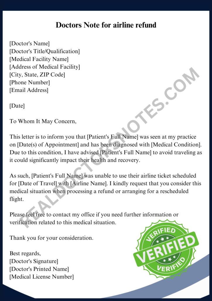 Doctors Note for Airline Refund Template