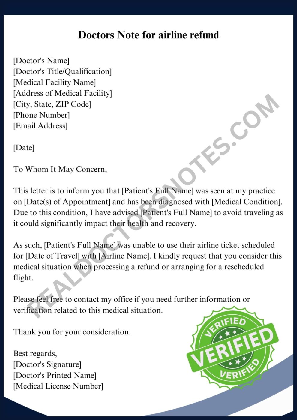 Doctors Note for Airline Refund Template