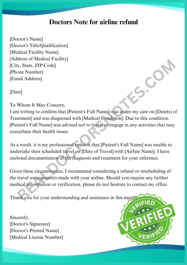 Doctors Note for Airline Refund Template