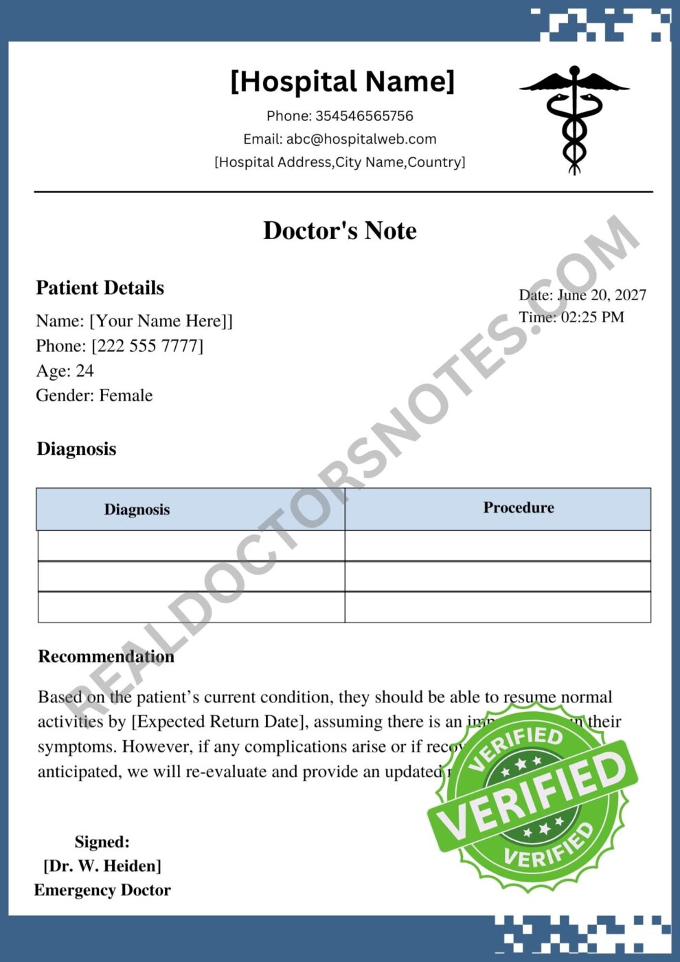 Doctor's Note for Diarrhea Template Printable