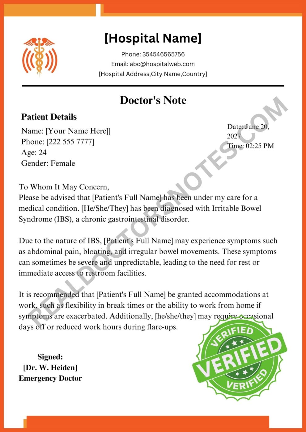 Doctors Note Stomach virus Template Printable PDF