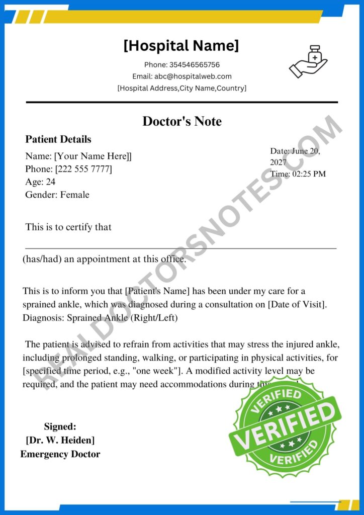 Doctors Note for Sprained Ankle Template
