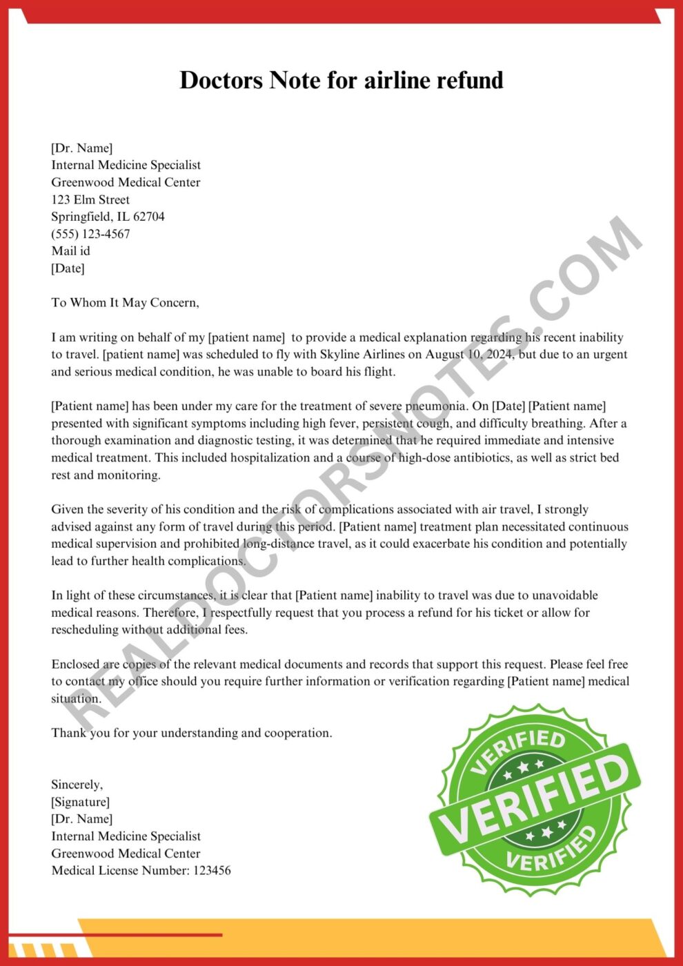 Doctors Note for Airline Refund Template