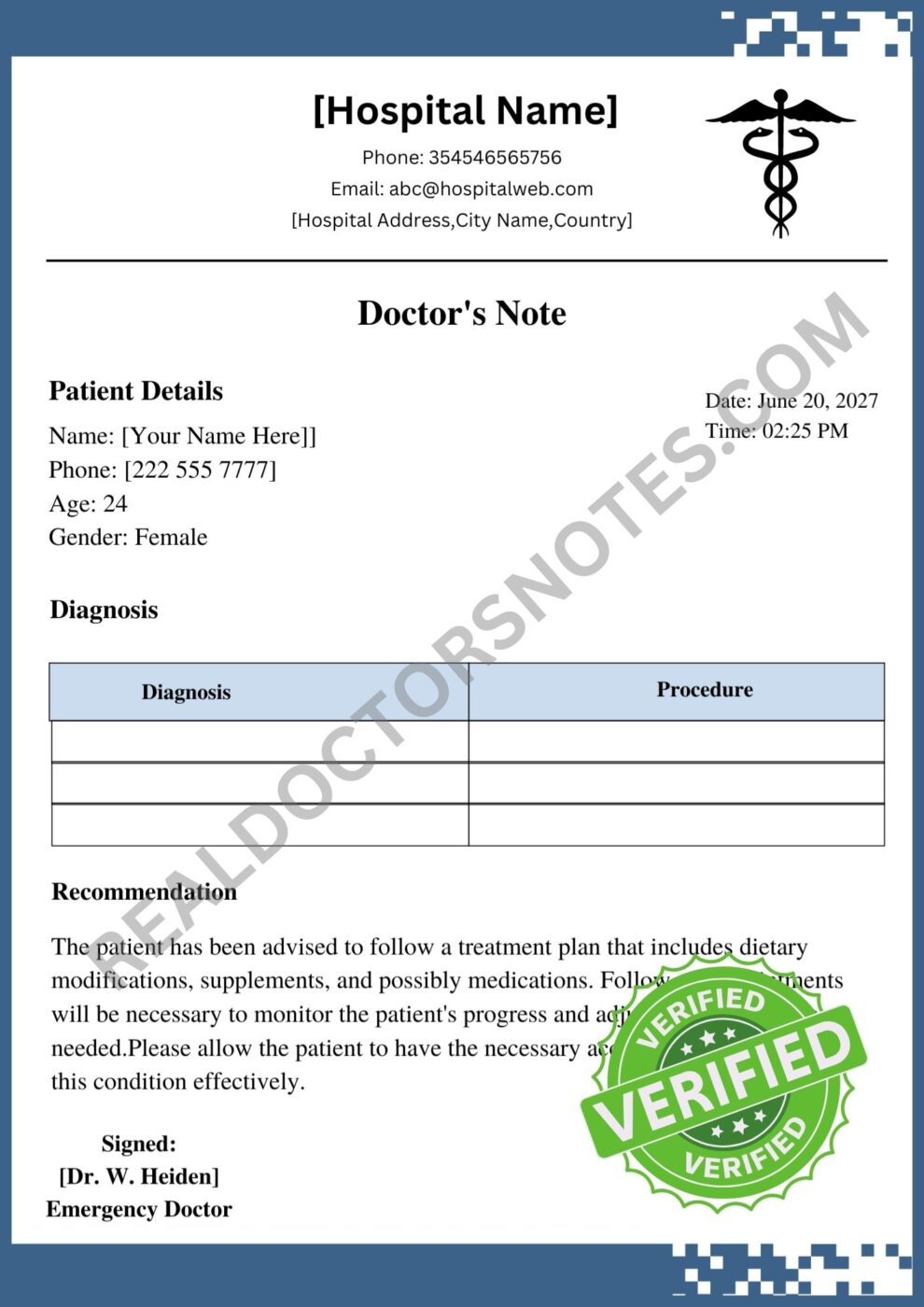 Doctors Note for Anemia Template Printable
