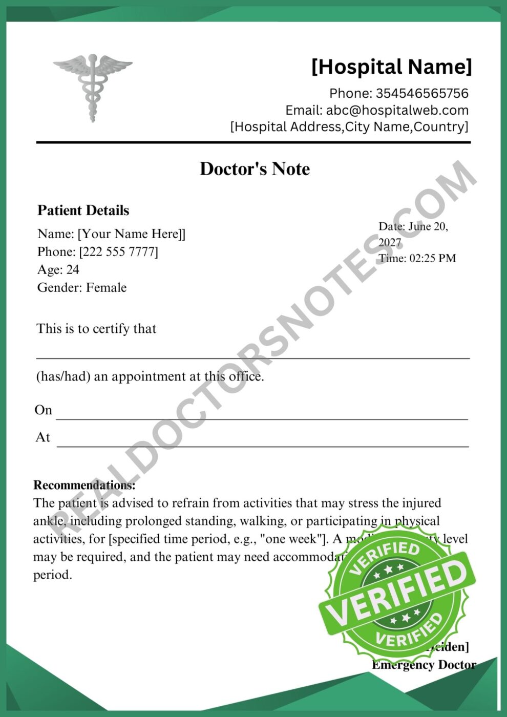 Doctors Note for Sprained Ankle Template