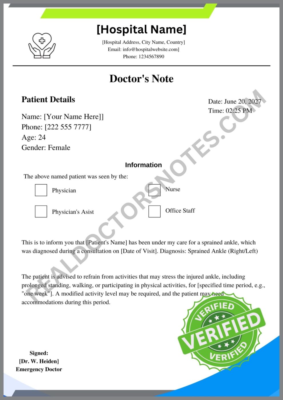 Doctors Note for Sprained Ankle Template