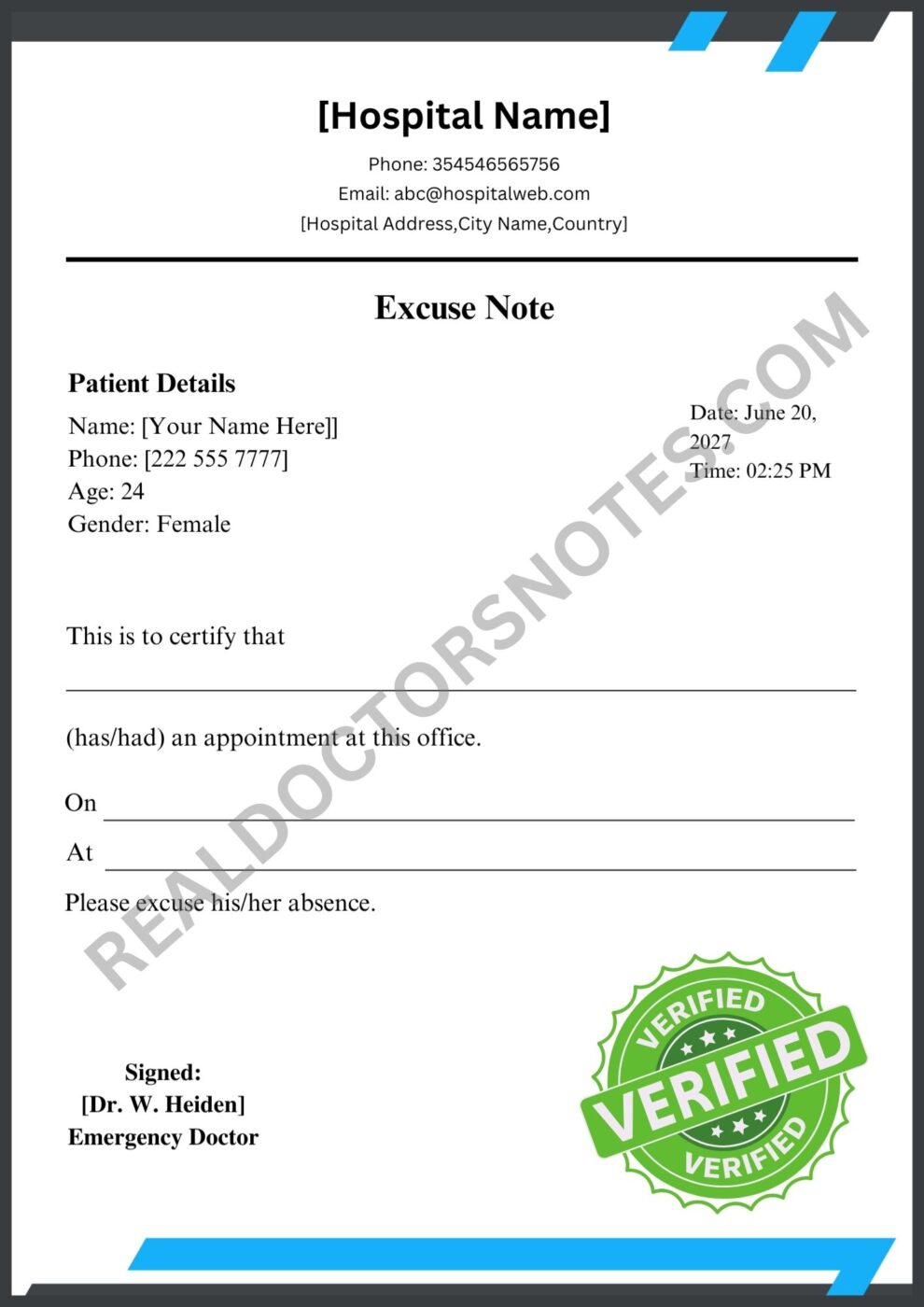 Dentist Appointment Excuse Note for School Template Sample