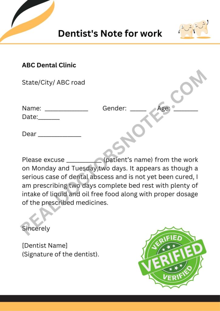 Dentist Note for Work Template Printable