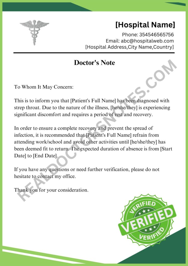 Doctors Note for Strep Template PDF Printable