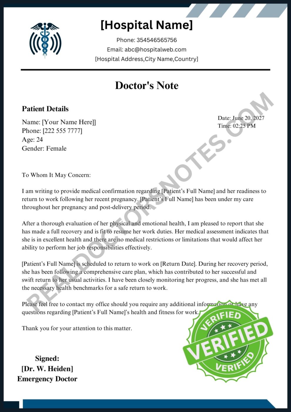 Doctor's Note to return to Work after Pregnancy Template