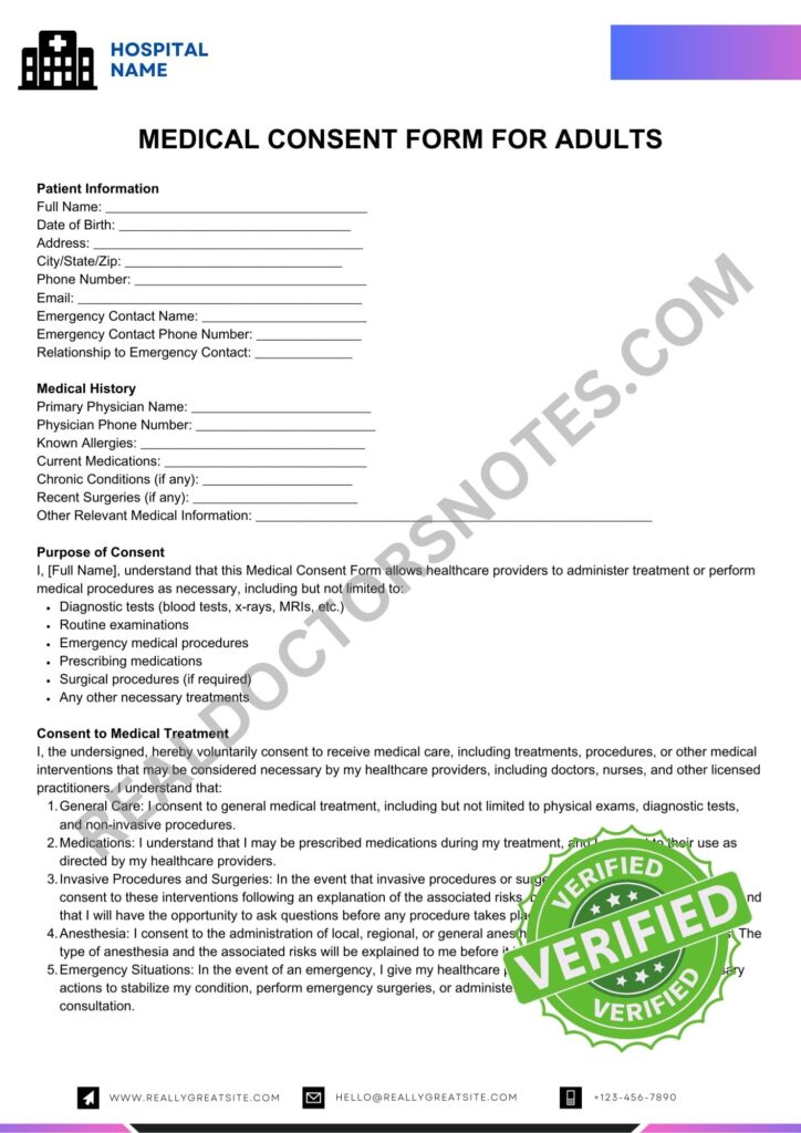 Medical Consent Form for Adults Printable Template