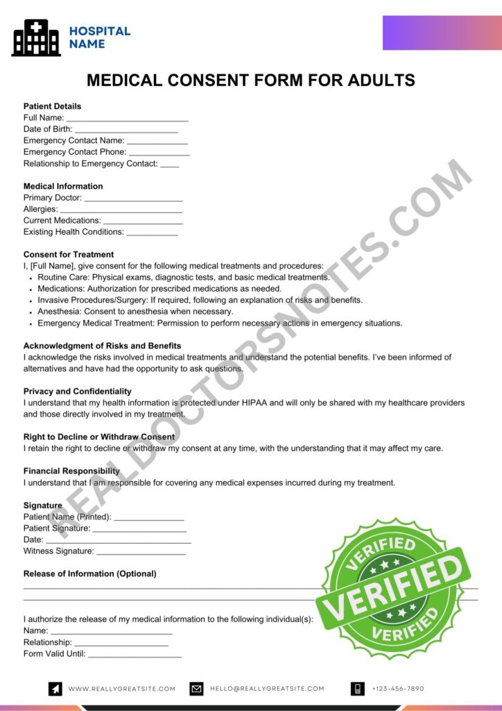 Medical Consent Form for Adults Printable Template