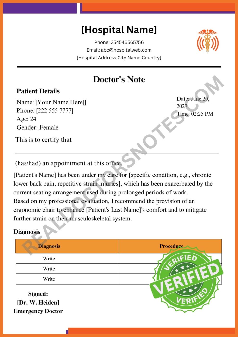 Doctors Note for Ergonomic Chair Template Printable PDF