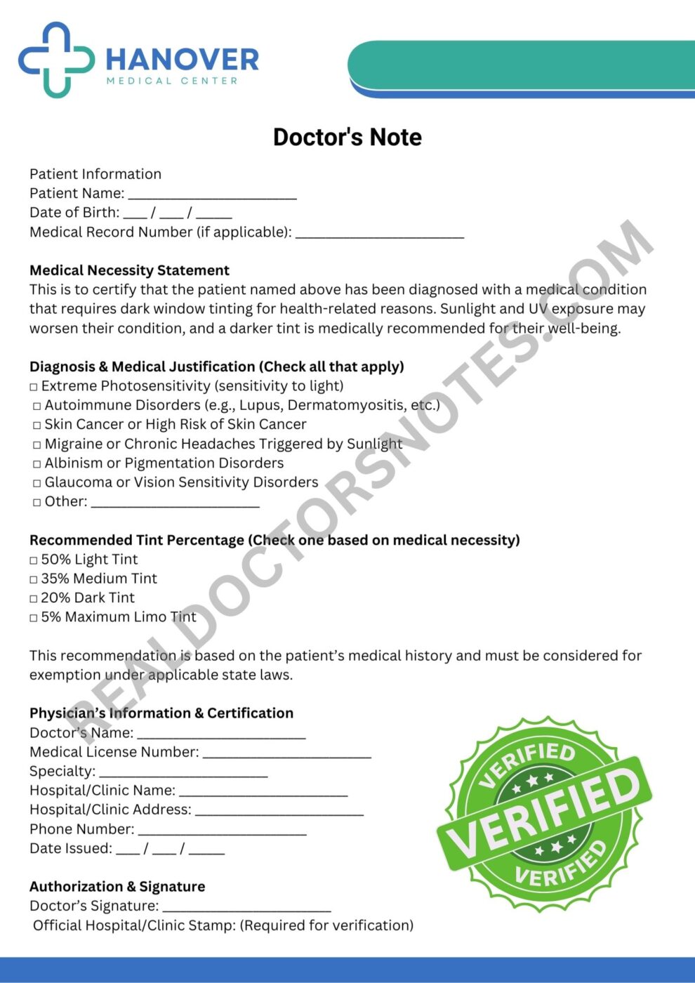 Doctors Note for Dark Tint Template [Printable]