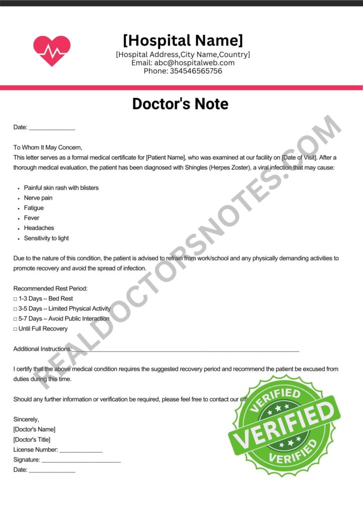 Doctors Note for Shingles Template [Printable]