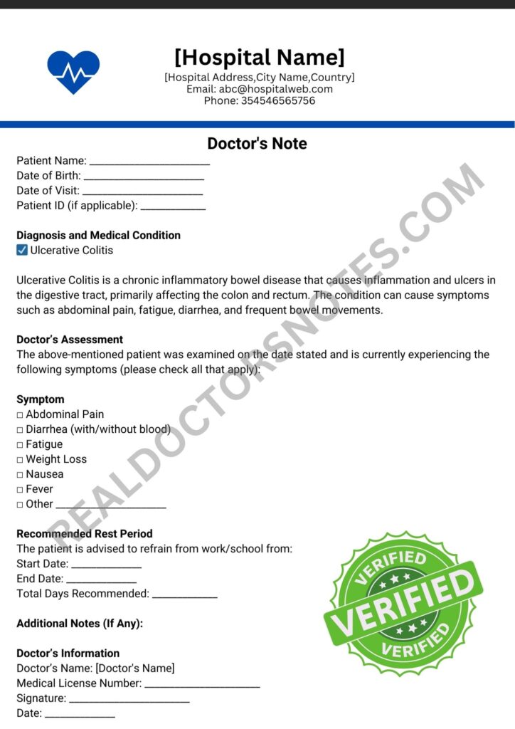 Doctors Note for Ulcerative Colitis Template [Printable]